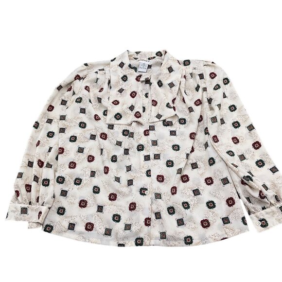 Koret | Tops | Koret Blouse Women 2 White Floral Medallion Bow Silky ...